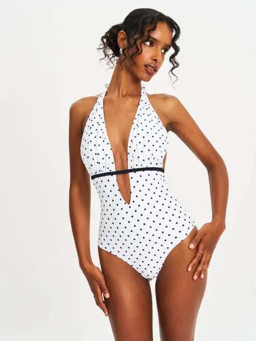 MISS CIRCLE NEW YORK Polka Dot Ruched Halter Backless Swimsuit