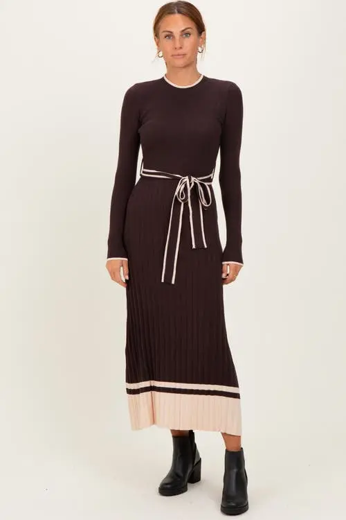 PINKBLUSH Ribbed Belted Midi Sweater Dress - Brown