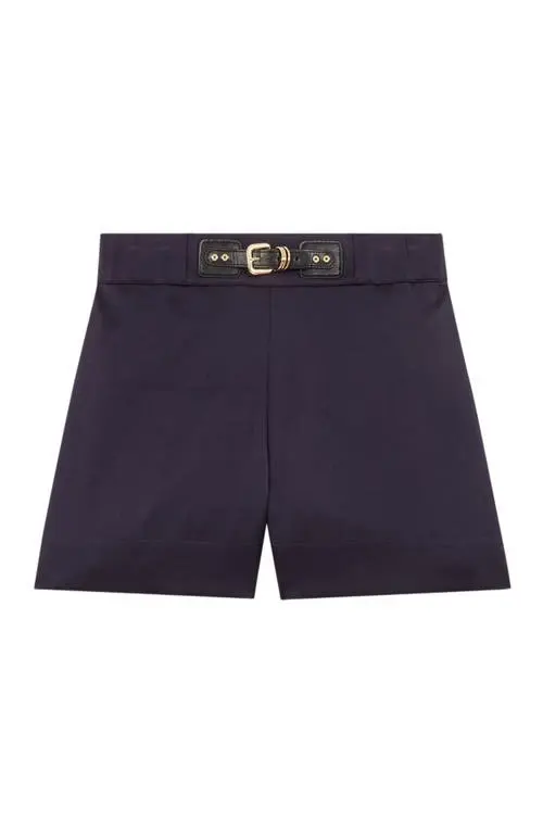 Maje Satin-effect High-waisted Shorts With Belt - Navy