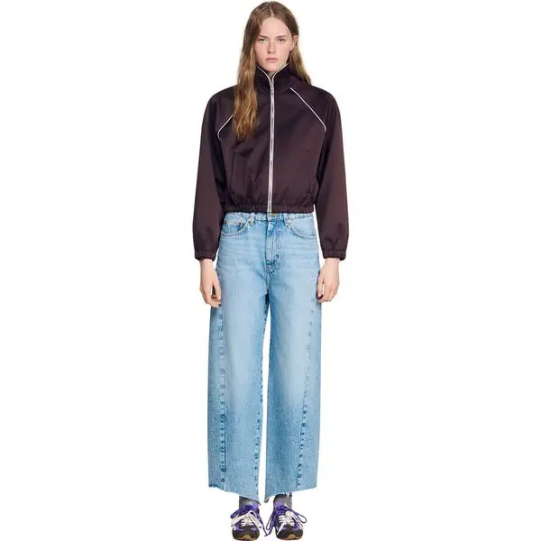 Sandro Cropped Embroidered Satin Jacket - Brown