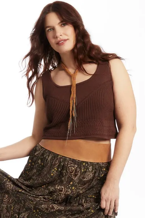 JUNE + VIE Pointelle Cropped Sweater - Chestnut