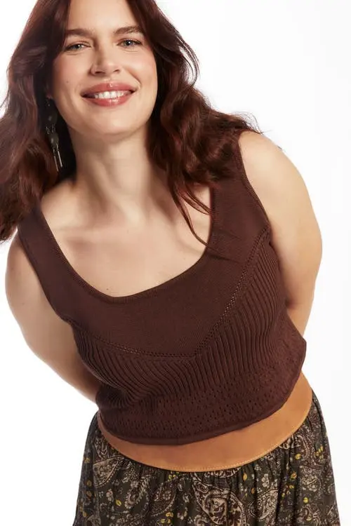 JUNE + VIE Pointelle Cropped Sweater - Chestnut