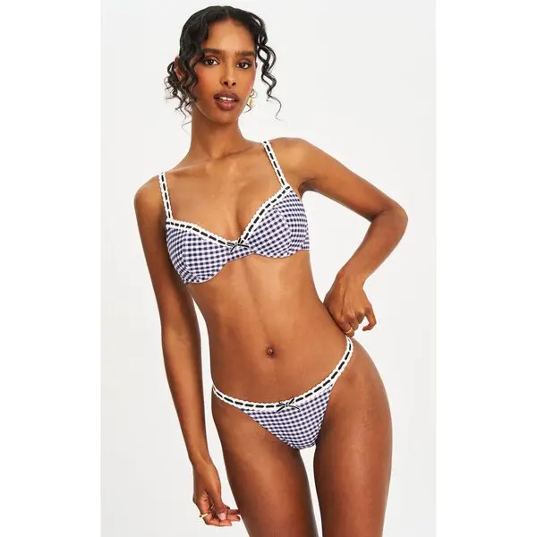 MISS CIRCLE Gingham Lace Decoration Bikini Top - Black