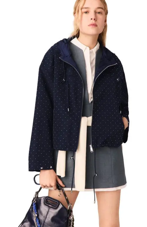 Maje Rhinestone-embellished Hooded Windbreaker - Navy