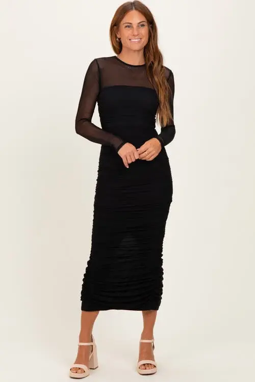 PINKBLUSH Mesh Ruched Long Sleeve Maternity Midi Dress - Black