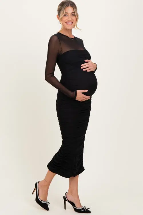 PINKBLUSH Mesh Ruched Long Sleeve Maternity Midi Dress - Black