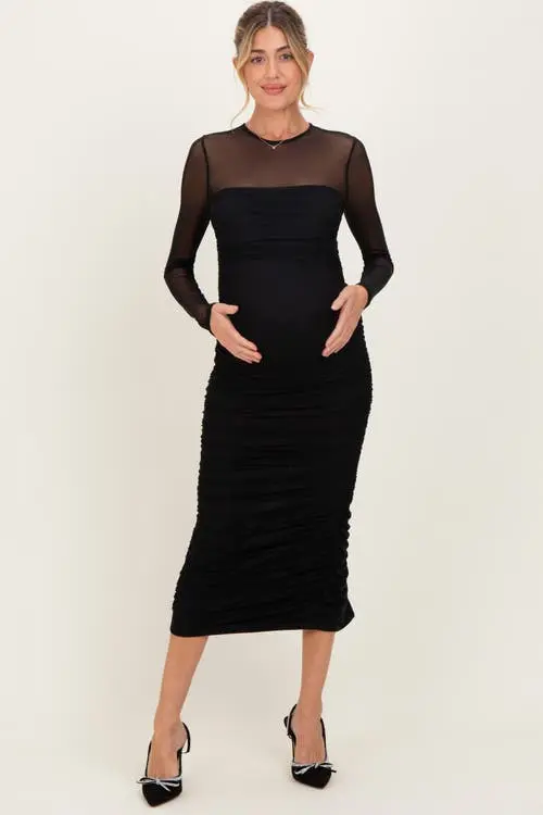 PINKBLUSH Mesh Ruched Long Sleeve Maternity Midi Dress - Black