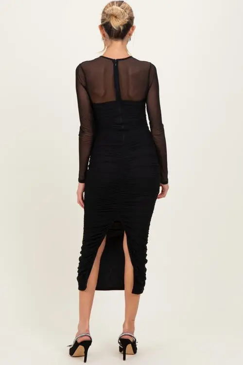 PINKBLUSH Mesh Ruched Long Sleeve Maternity Midi Dress - Black