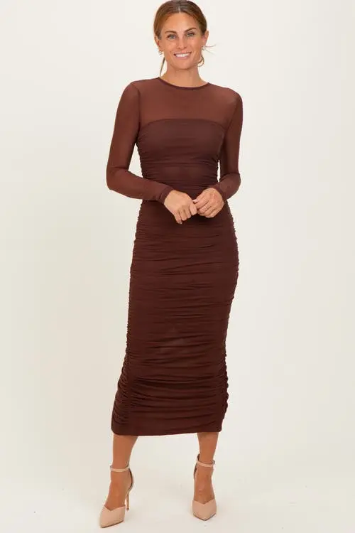 PINKBLUSH Mesh Ruched Long Sleeve Maternity Midi Dress - Brown