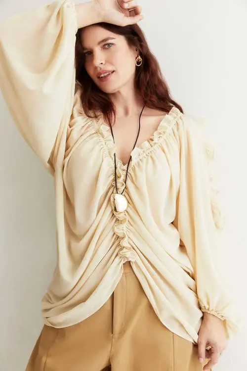 JUNE + VIE Draped Off-the-shoulder Blouse With Ruffles