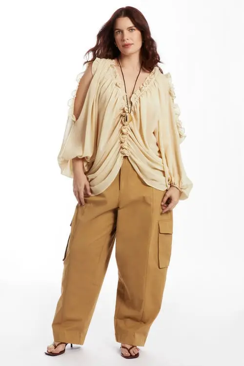 JUNE + VIE Draped Off-the-shoulder Blouse With Ruffles And Self Ties