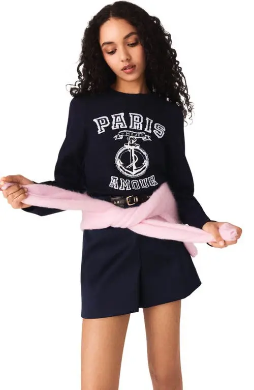 Maje Round-neck Slogan Sweater - Navy
