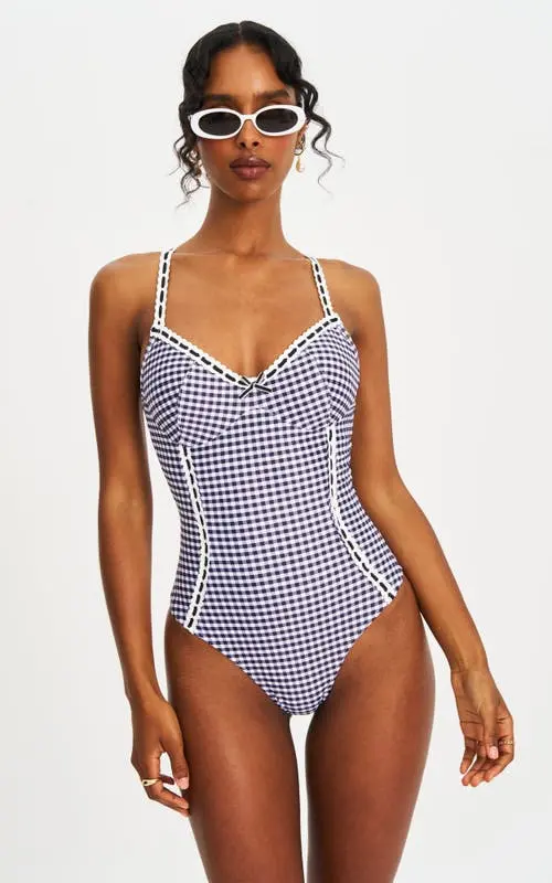 MISS CIRCLE Gigi Gingham Lace-up Backless One-piece Swimsuit - Black