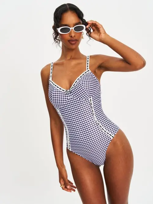 MISS CIRCLE Gigi Gingham Lace-up Backless One-piece Swimsuit