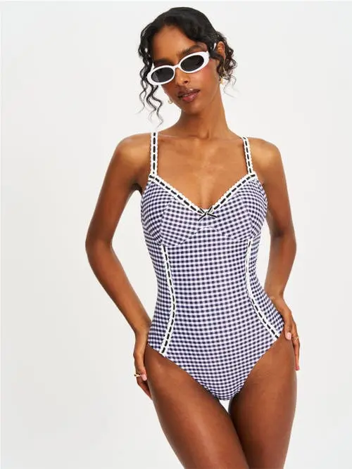 MISS CIRCLE Gigi Gingham Lace-up Backless One-piece Swimsuit