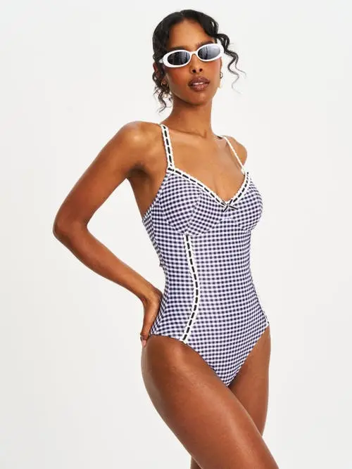MISS CIRCLE Gigi Gingham Lace-up Backless One-piece Swimsuit