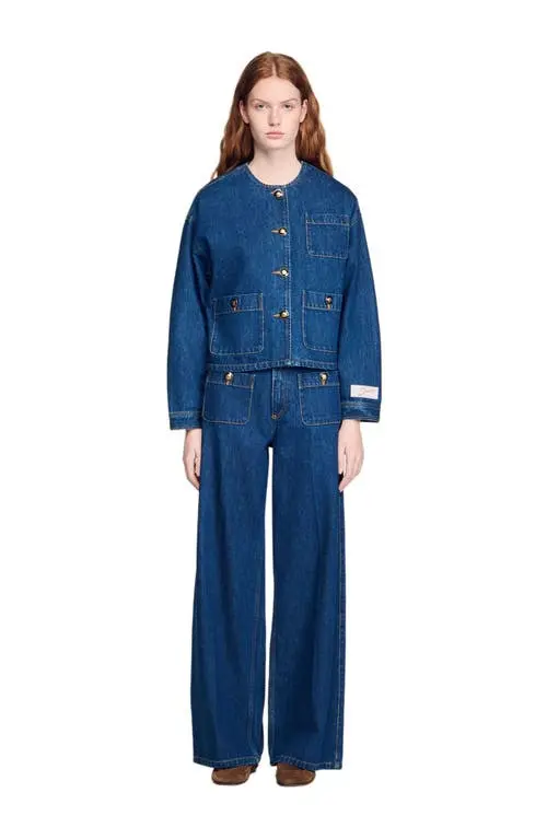 Sandro Denim Jacket With Decorative Buttons - Deep Blue