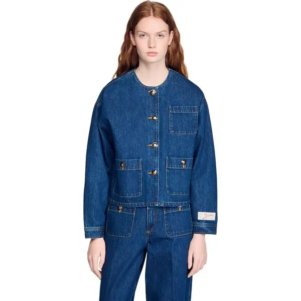 Sandro Denim Jacket With Decorative Buttons - Deep Blue