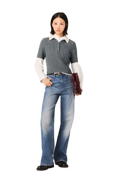 Maje Ribbed Wool Polo Shirt With Removable Beaded Collar - Grey