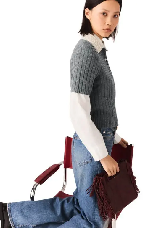 Maje Ribbed Wool Polo Shirt With Removable Beaded Collar - Grey