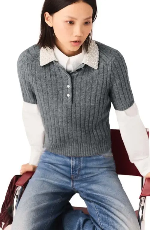 Maje Ribbed Wool Polo Shirt With Removable Beaded Collar - Grey