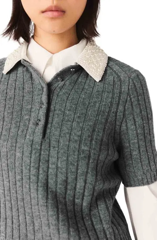 Maje Ribbed Wool Polo Shirt With Removable Beaded Collar - Grey