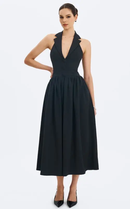 MISS CIRCLE NEW YORK Lapel Halter A-line Midi Dress