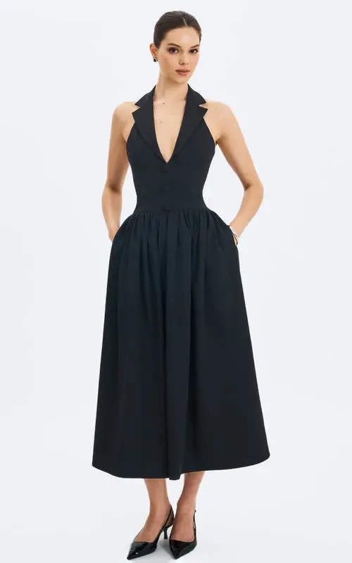 MISS CIRCLE NEW YORK Lapel Halter A-line Midi Dress