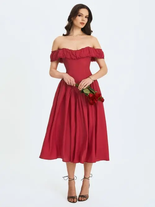 MISS CIRCLE NEW YORK Xavy Off-shoulder Corset Midi Dress - Crimson