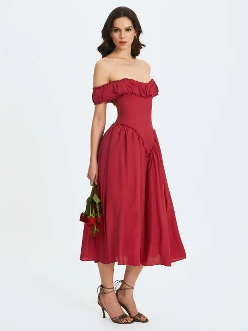 MISS CIRCLE NEW YORK Xavy Off-shoulder Corset Midi Dress - Crimson