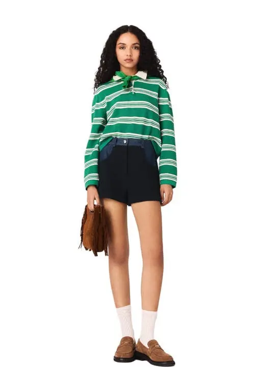 Maje Cropped Striped Polo Sweater - Green