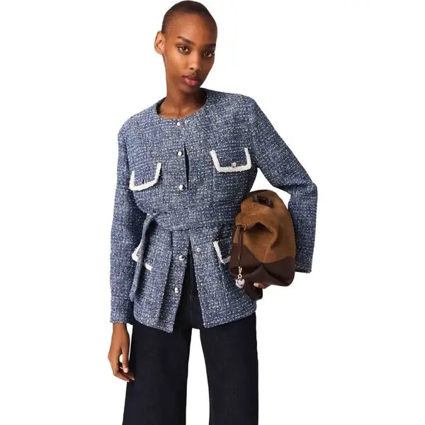 Maje 4-pocket Tweed Jacket With Tie Belt