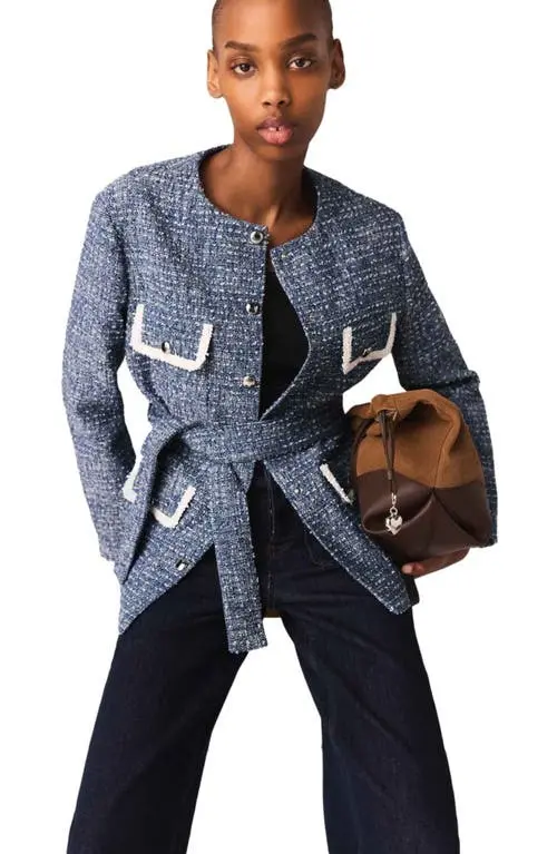 Maje 4-pocket Tweed Jacket With Tie Belt