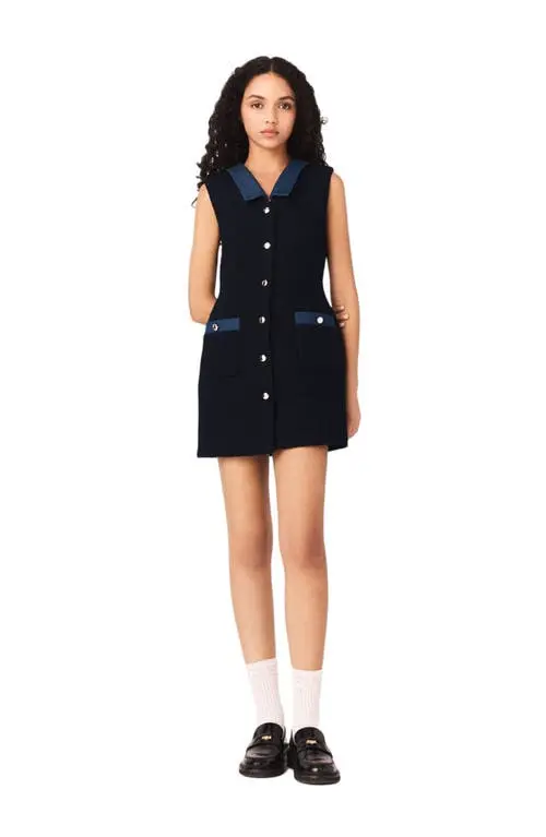 Maje Tweed Mini Dress With Denim Accents - Navy