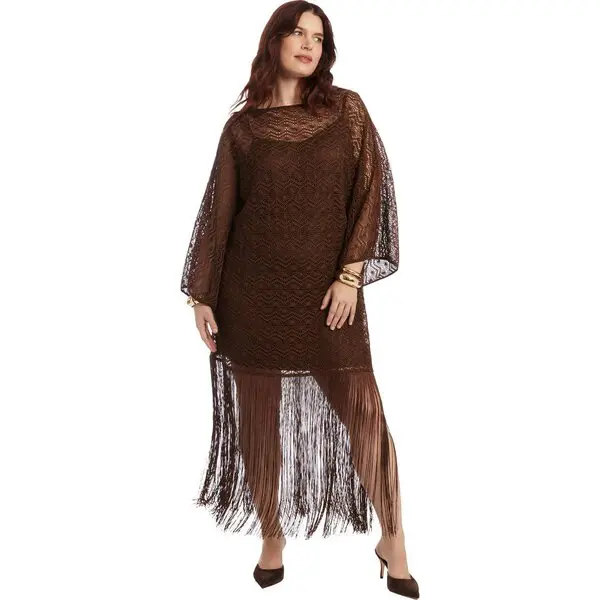 JUNE + VIE Lace Kimono Dress With Fringe - Chestnut