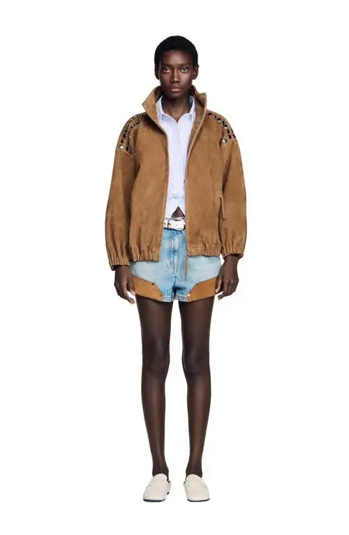 Sandro Studded Oversized Suede Jacket - Camel