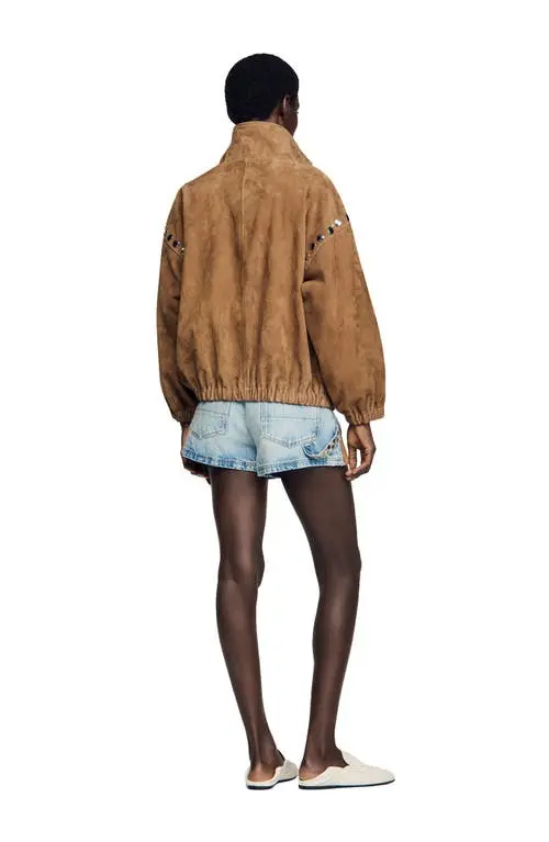 Sandro Studded Oversized Suede Jacket - Camel