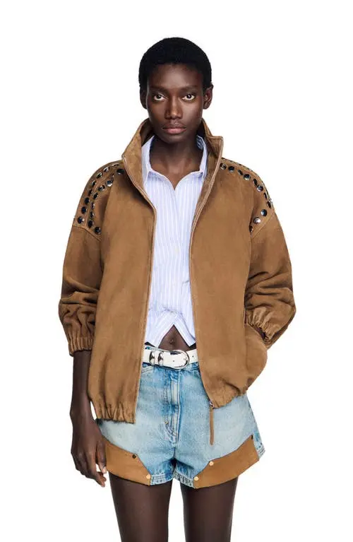 Sandro Studded Oversized Suede Jacket - Camel