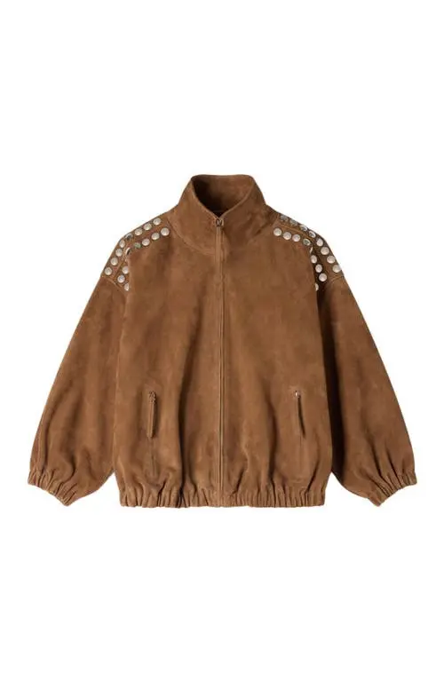 Sandro Studded Oversized Suede Jacket - Camel