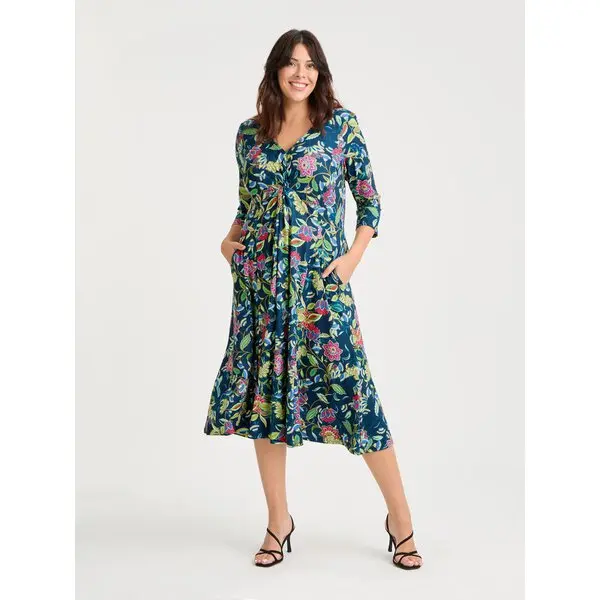 SCARLETT & JO Peach Touch Knot Front Dress - Multi Green Leaf