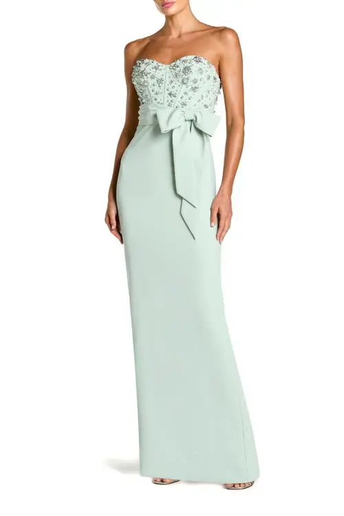 Mac Duggal Strapless Embellished Bustier Gown With Bow - Sage
