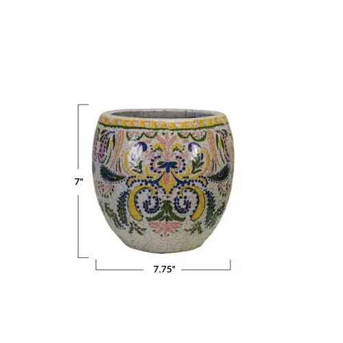 STORIED HOME Large Terra-cotta Planter With Floral Pattern, Crackle Glaze