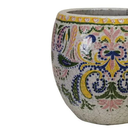 STORIED HOME Large Terra-cotta Planter With Floral Pattern, Crackle Glaze