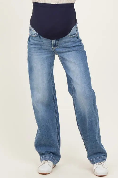 PINKBLUSH Medium Wash Baggy Straight Leg Maternity Jeans