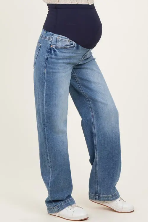 PINKBLUSH Medium Wash Baggy Straight Leg Maternity Jeans