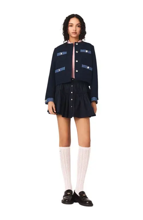 Maje Tweed Jacket With Denim Trim - Navy