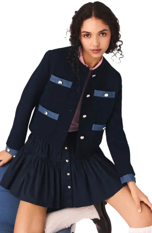 Maje Tweed Jacket With Denim Trim - Navy