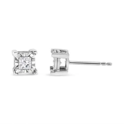 HAUS OF BRILLIANCE Silver 1/4 Ct Diamond Princess Solitaire Stud Earrings