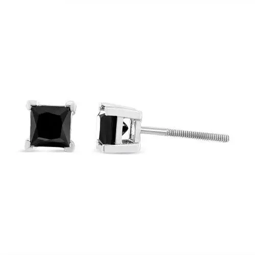 HAUS OF BRILLIANCE 1 1/2 Cttw Princess Cut Black Diamond Stud Earrings