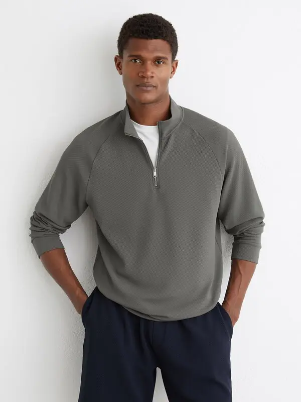 REISS Textured Half-zip Funnel-neck Jumper - Sage Green